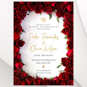 Red Rose Wedding Invitation Set, Red Rose RSVP, Dark Red Floral, Red ...