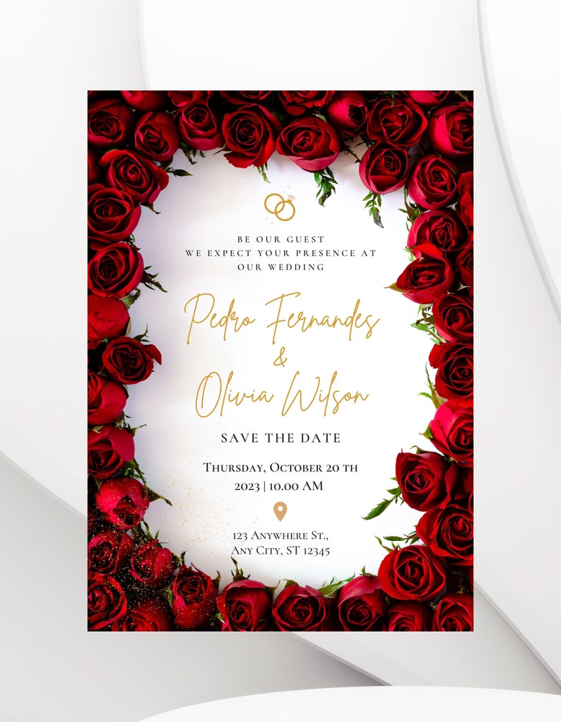 Red Rose Wedding Invitation Set, Red Rose RSVP, Dark Red Floral, Red ...