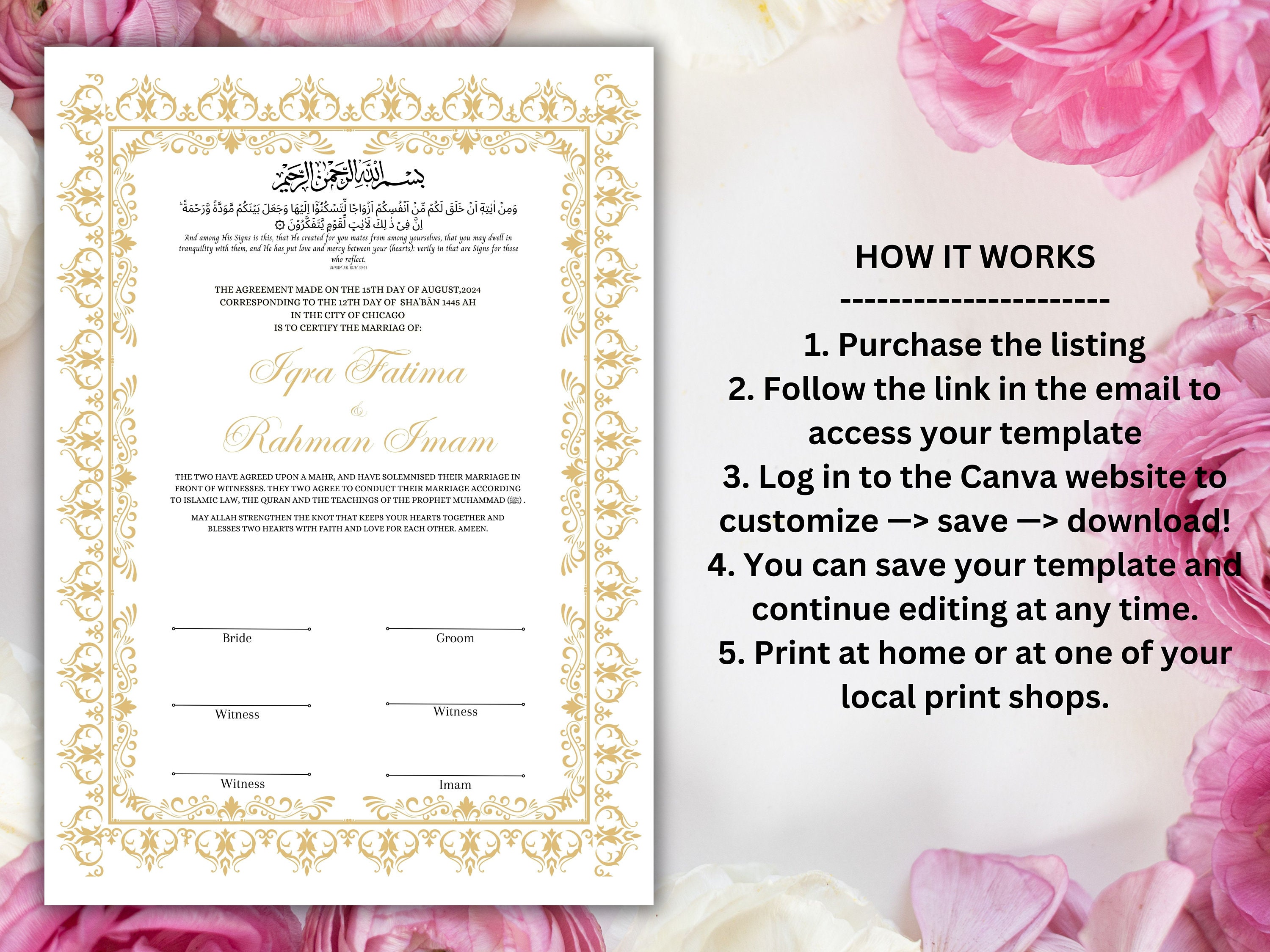 Nikkah Certificate, A4/A3 Islamic Wedding Contract Template, Nikkah ...
