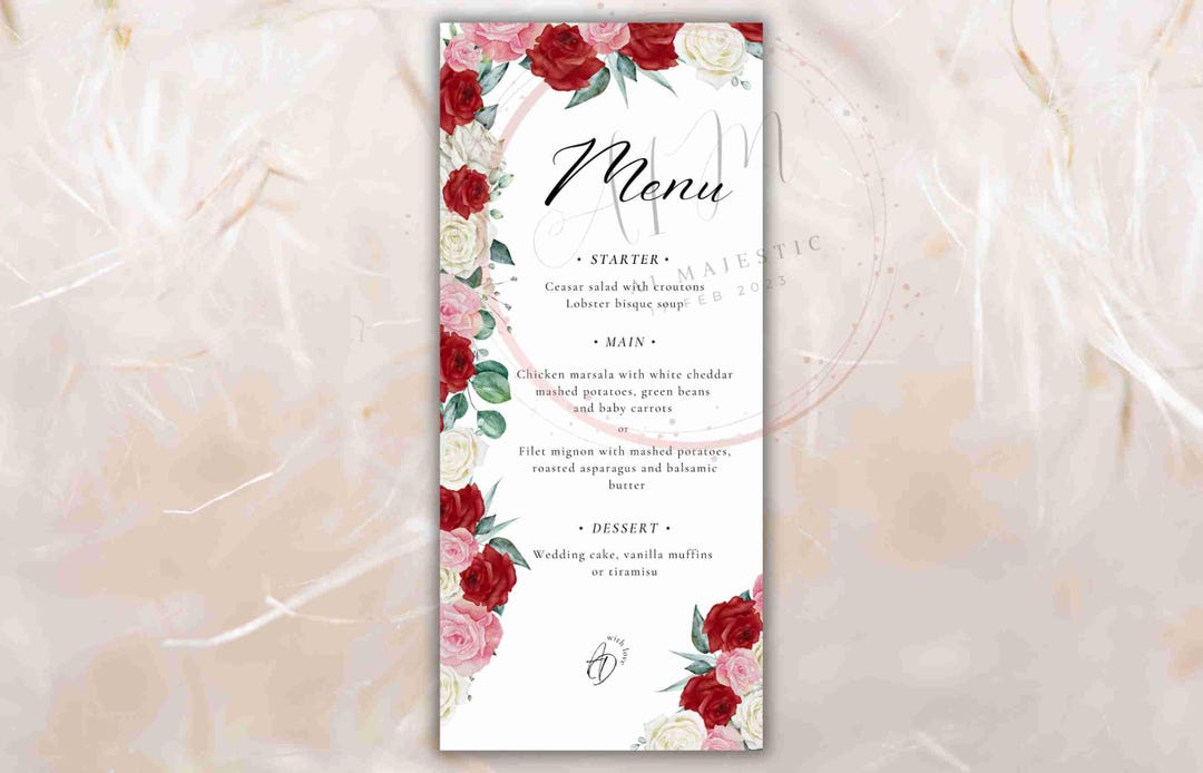 Cartes de menu florales, modèle de menu de mariage, carte de menu avec ...