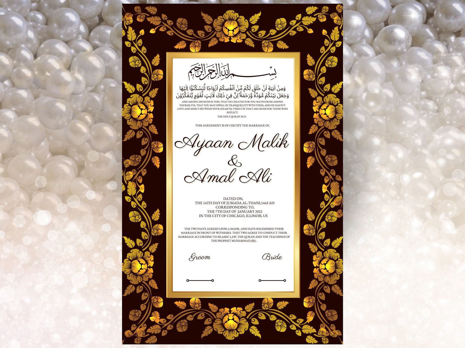 Luxury Nikkah Contract, Nikkah Certificate, Custom Nikah Nama, Islamic ...