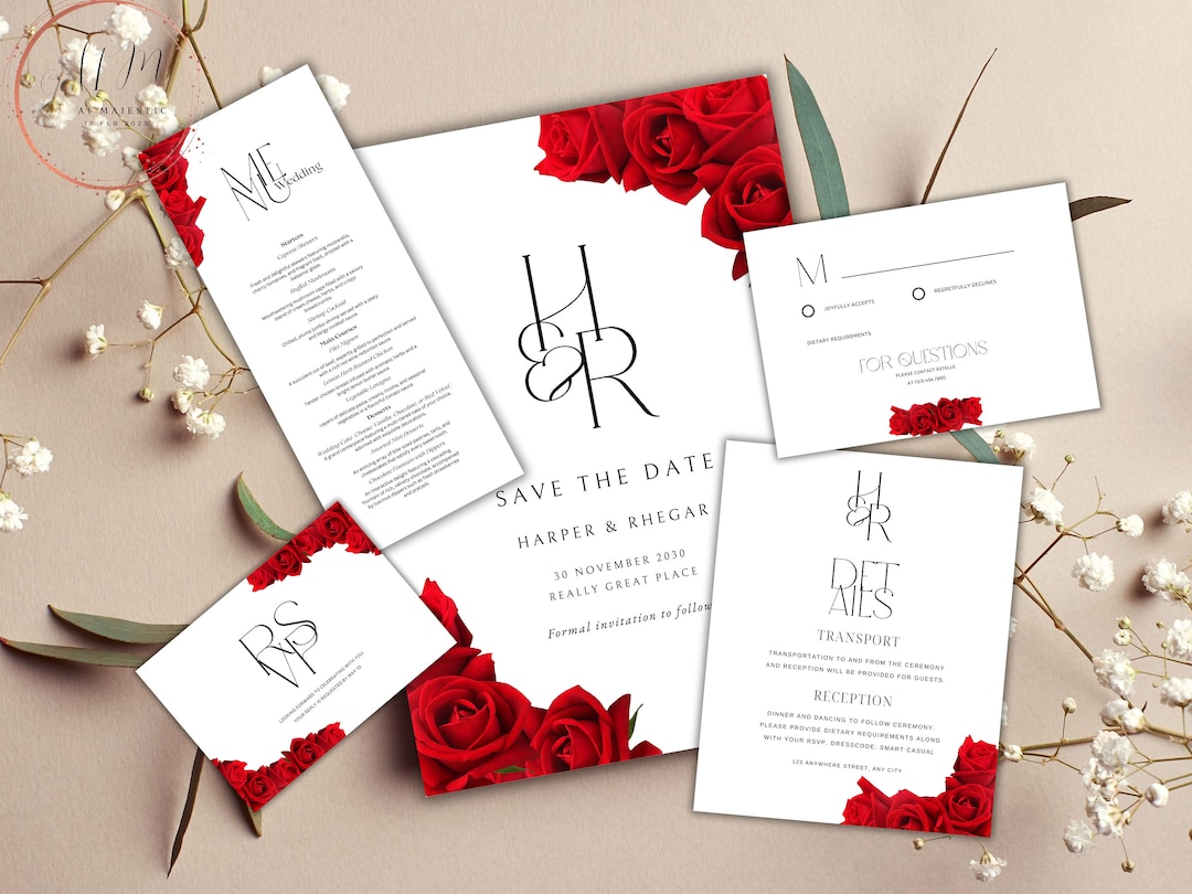 Red Rose Wedding Invitation Set, Red Rose RSVP, Dark Red Floral ...