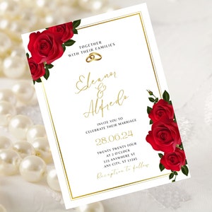 Red Rose Wedding Invitation Set, Red Rose RSVP, Dark Red Floral ...