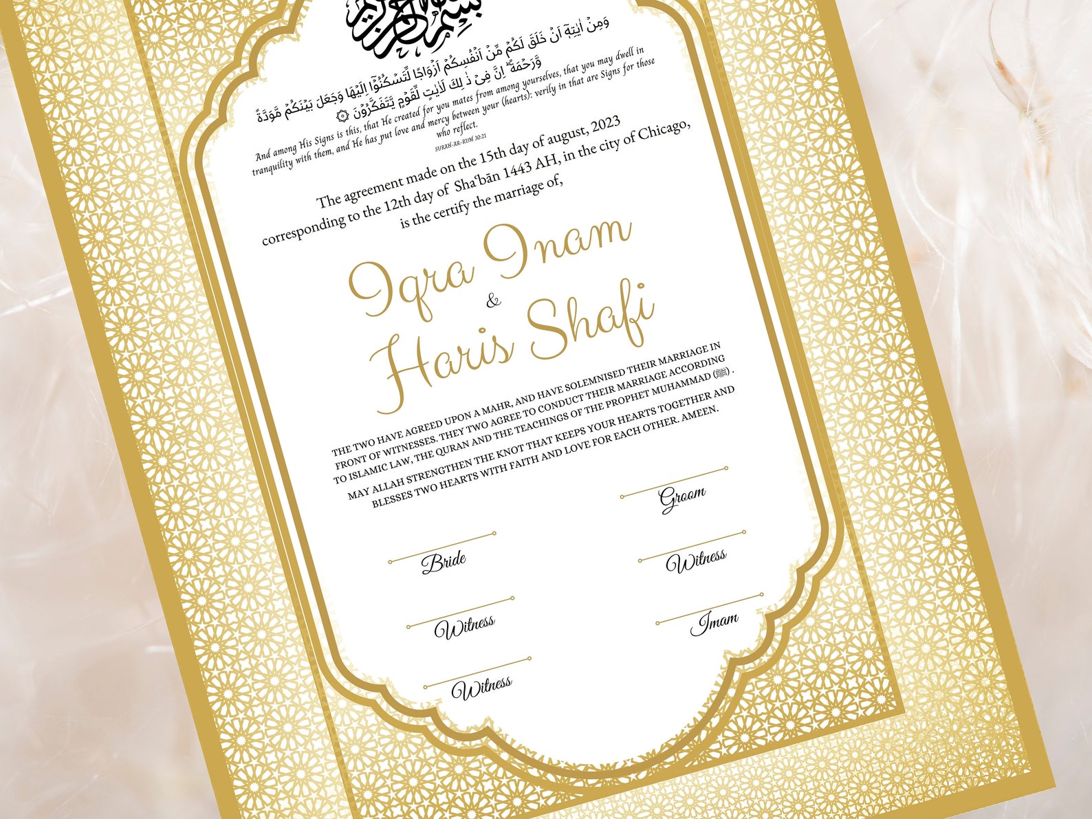 Nikkah Certificate Gold, Luxury Nikkah Contract, Editable Nikah Nama ...