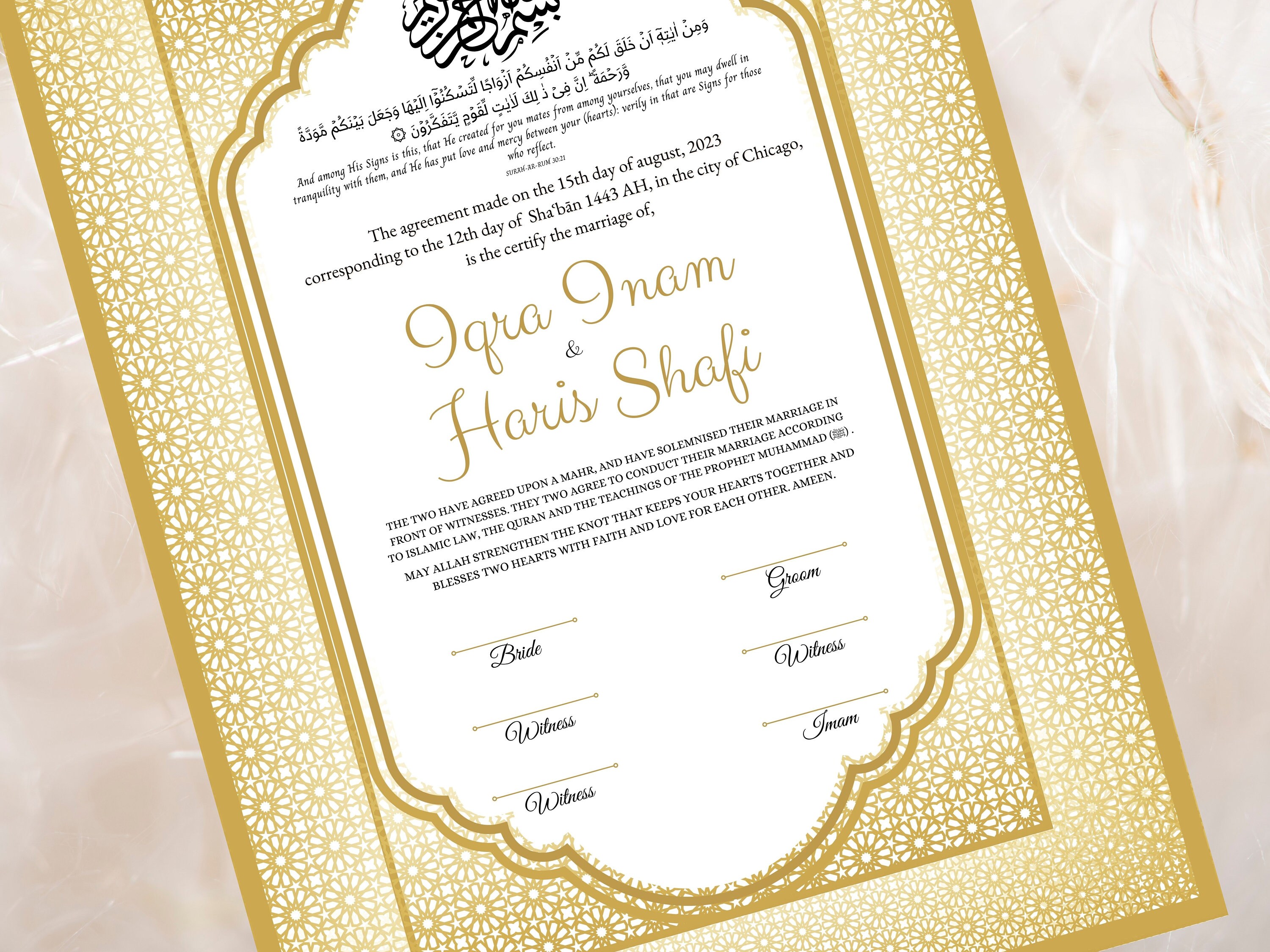 Nikkah Certificate Gold, Luxury Nikkah Contract, Editable Nikah Nama ...