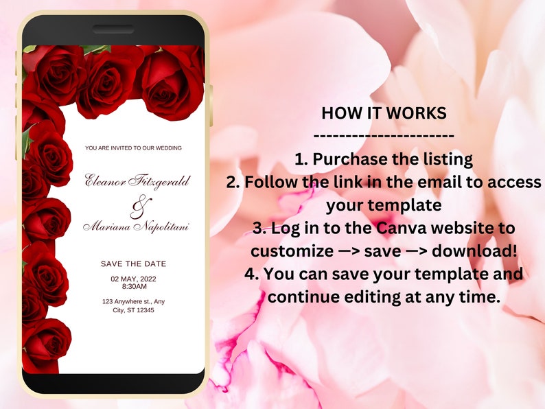 Red Rose Wedding Evite Template, Electronic Wedding Invitation, Red ...