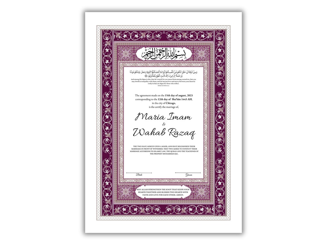 Luxury Nikkah Contract, Digital Printable Personalised Customised Nikkah Certificate, Custom ...