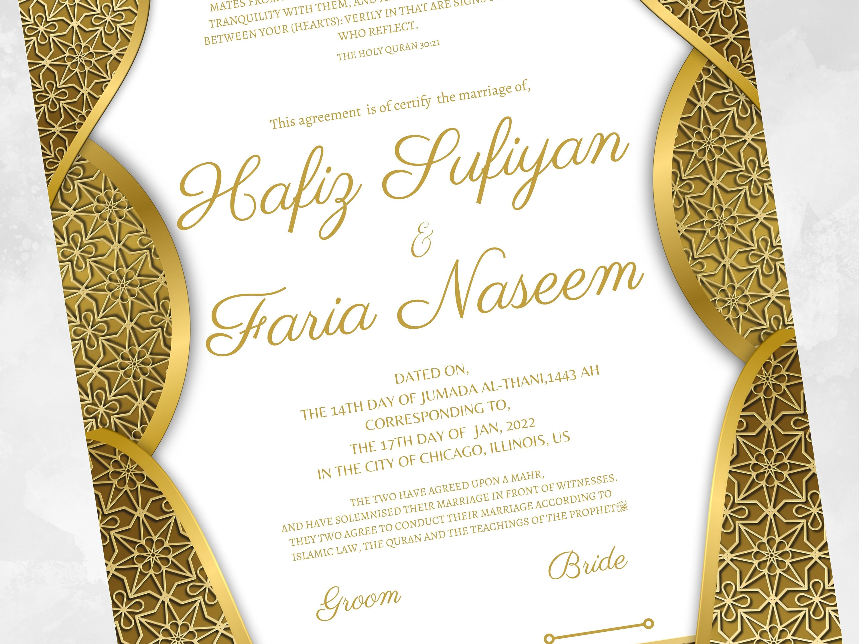 Nikkah Certificate, Authentic Islamic Wedding Sign Agreement, Muslim ...