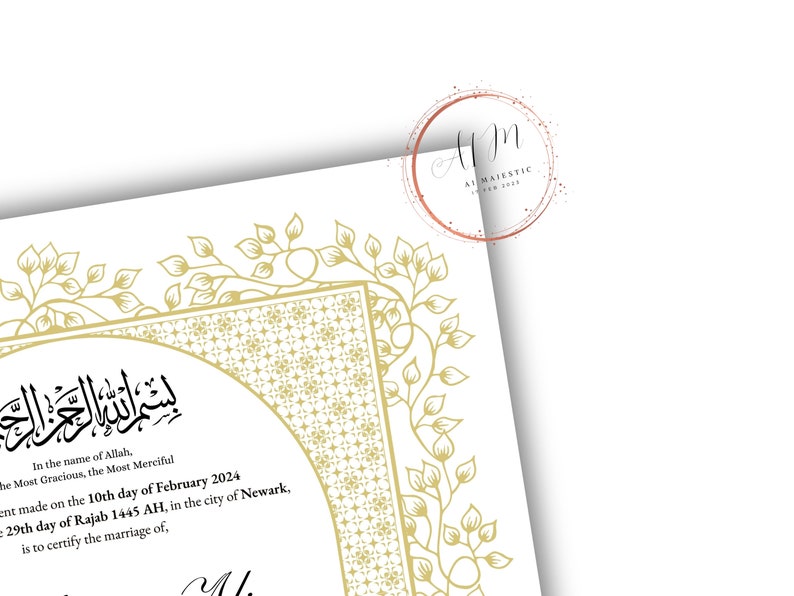 Gold Nikkah Contract Template, Gold Islamic Marriage, Contract Nikkah ...