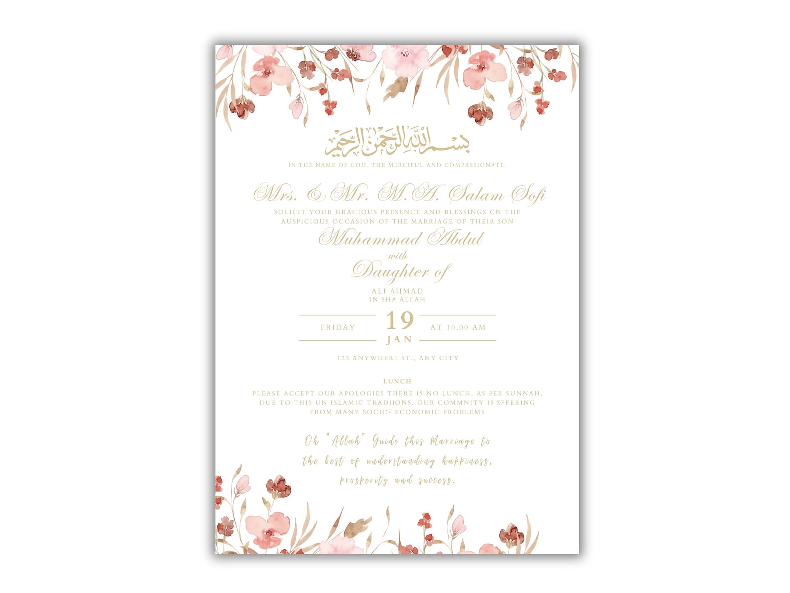 Floral Muslim Wedding Invitation Template, Wedding Card, Muslim Wedding ...