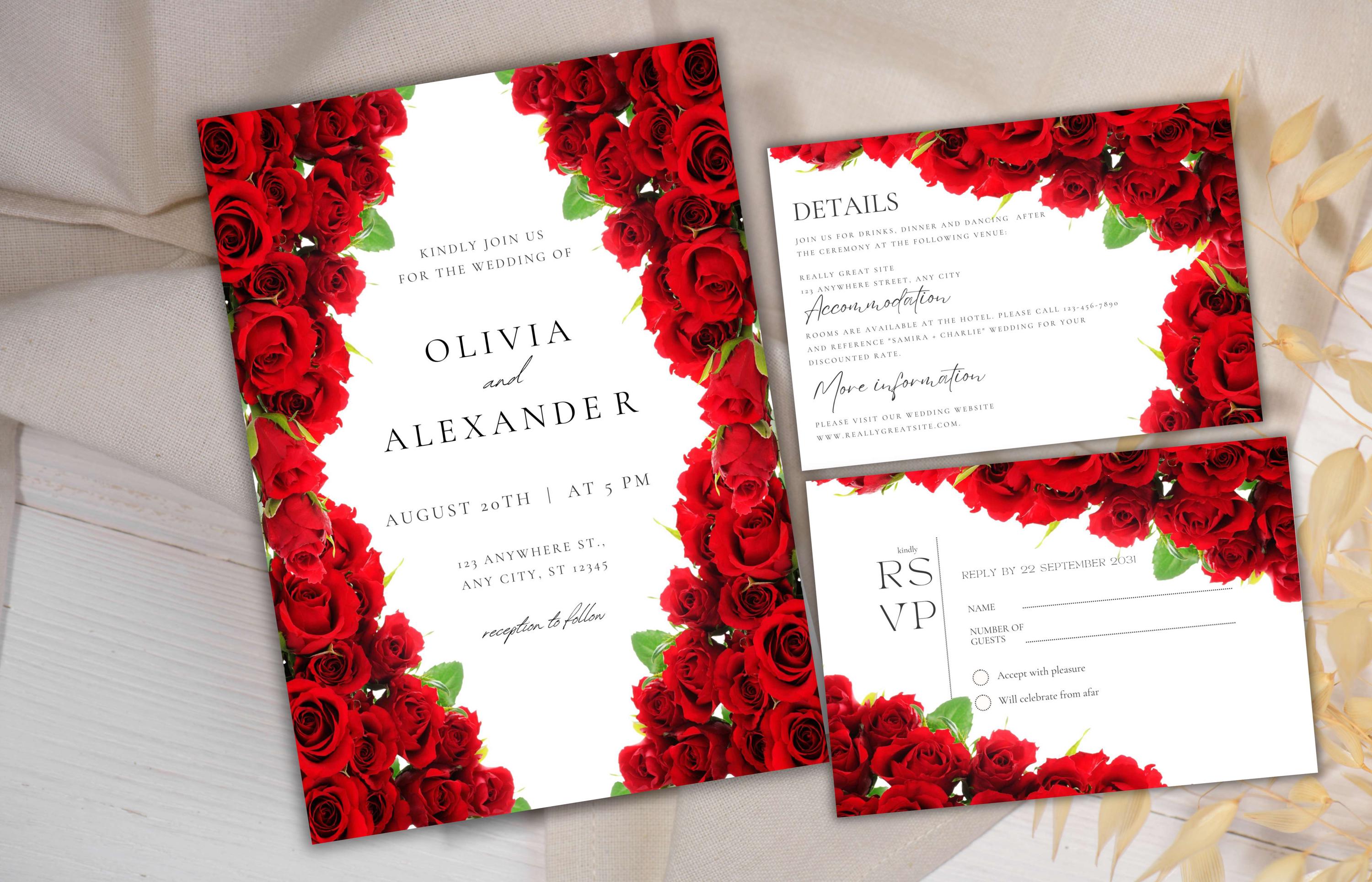 Red Rose Wedding Invitation Set, Red Rose Floral Wedding Invitation ...