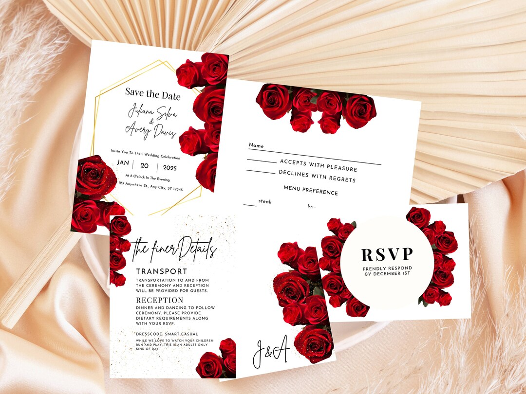 Red Rose Wedding Invitation Set, Red Rose RSVP, Dark Red Floral ...