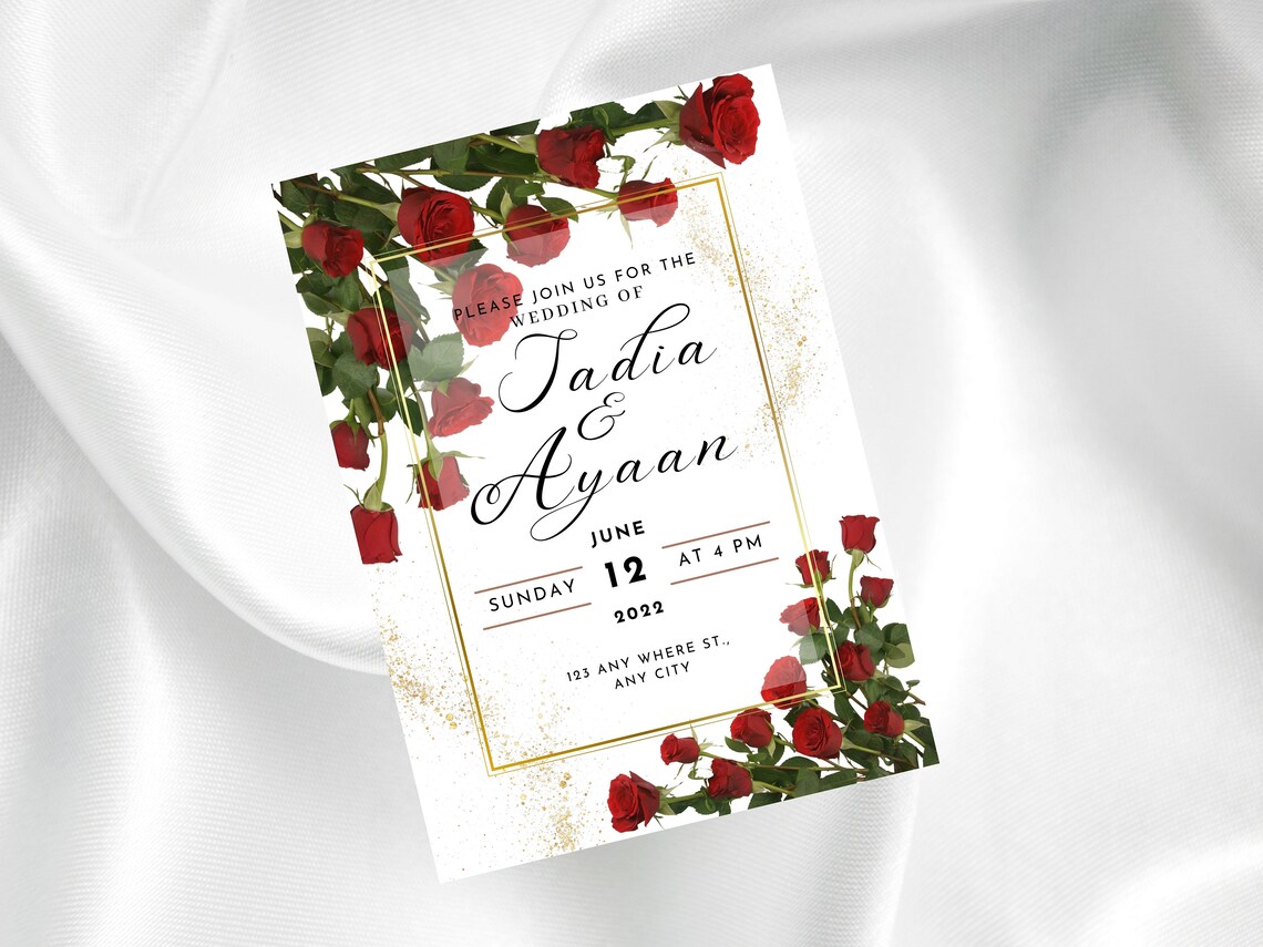 Red Rose Wedding Invitation , Dark Red Floral Gold Frame Border Invite ...