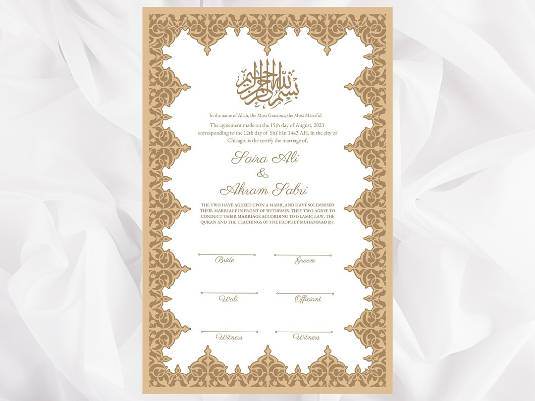 Nikkah Certificate, Template, Easy to Edit, Muslim Nikkah Contract ...