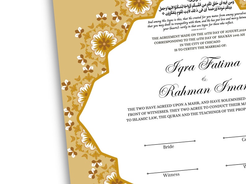 Customized Nikkah Certificate, A4/A3 Contract Digital Nikah Nama ...