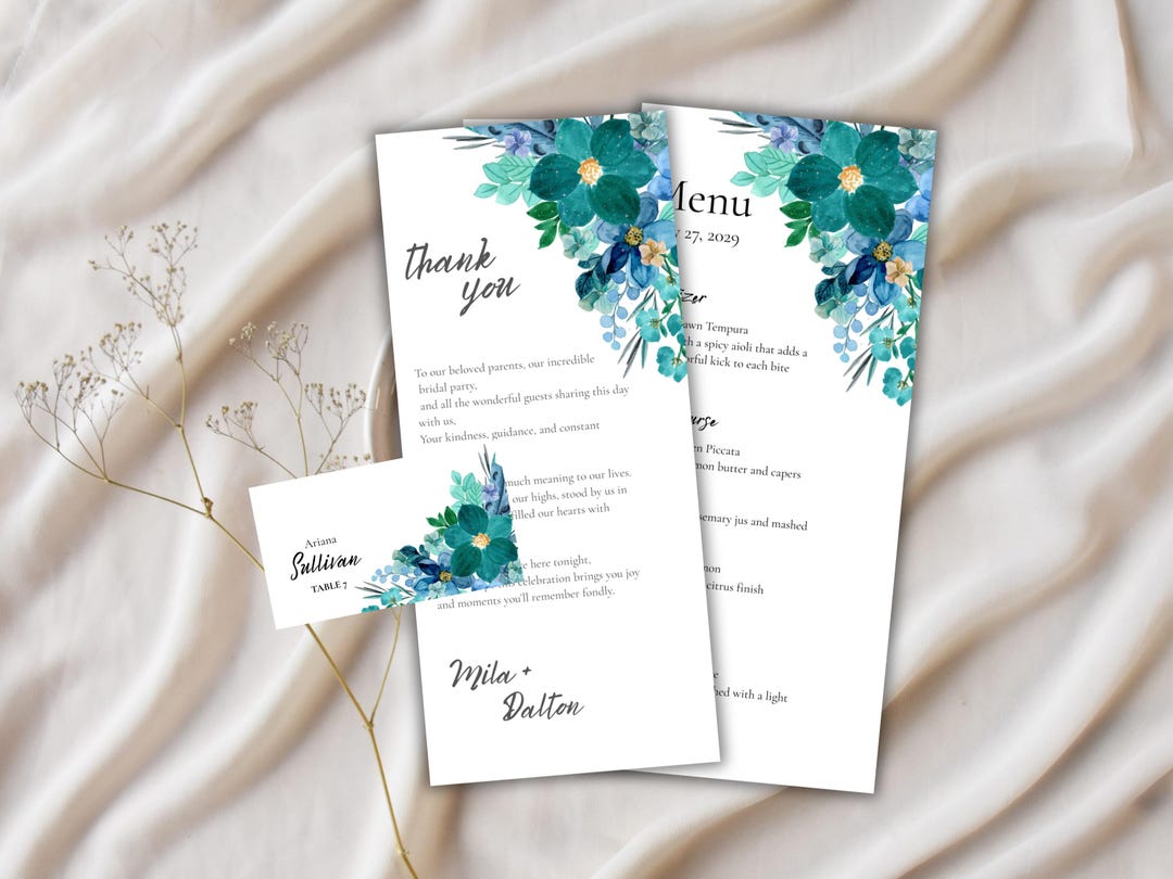Menu Card, Thank You Card & Table Card Template Set. WI216 - Etsy