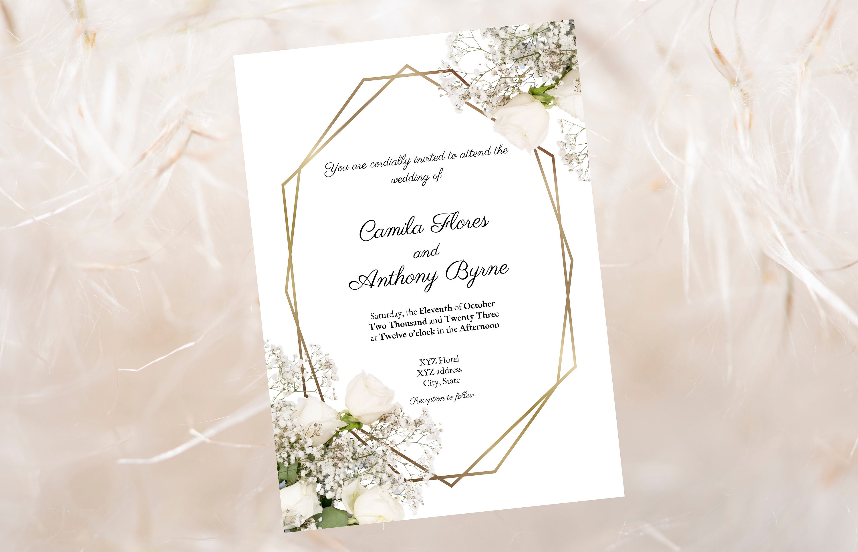 Editable Wedding Invitation Template With Ivory White Roses, Wedding ...