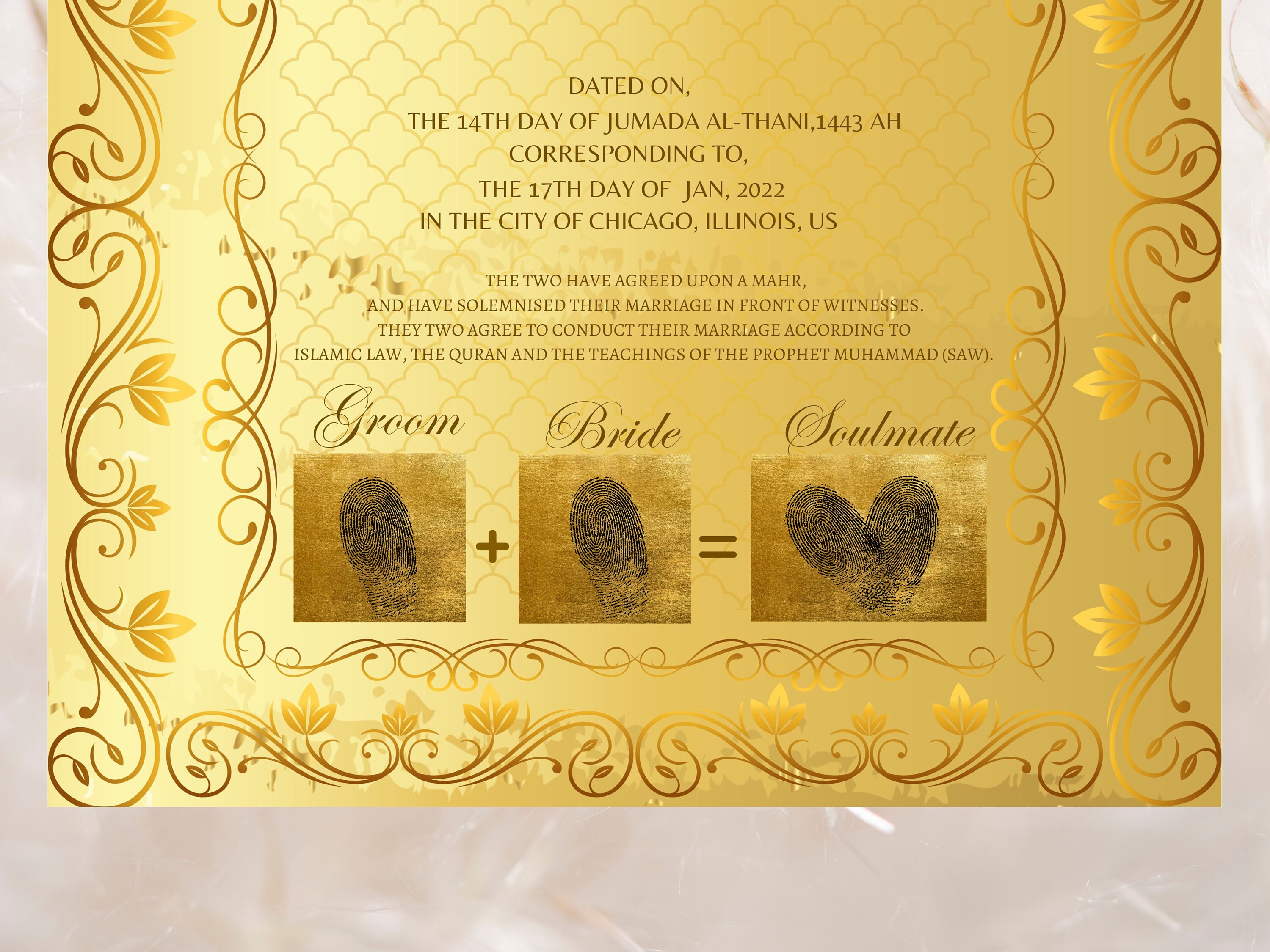 Nikkah Certificate Gold , Authentic Islamic Wedding Thumb Impression ...