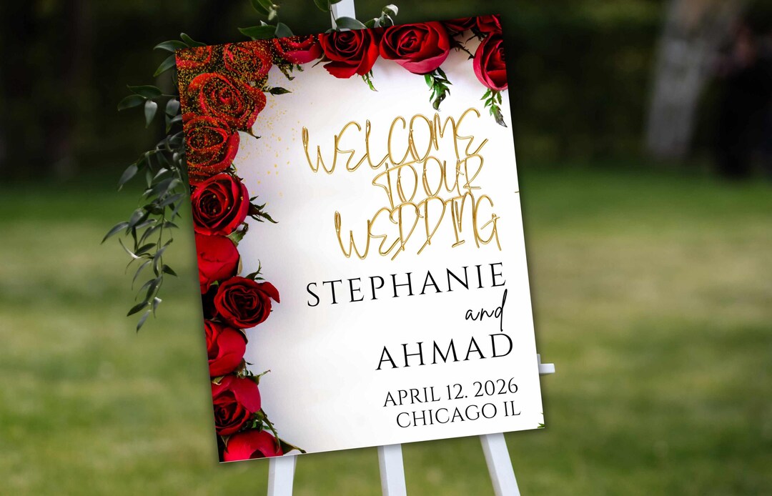Wedding Welcome Sign Template, Red Rose Welcome to Our Wedding Sign ...