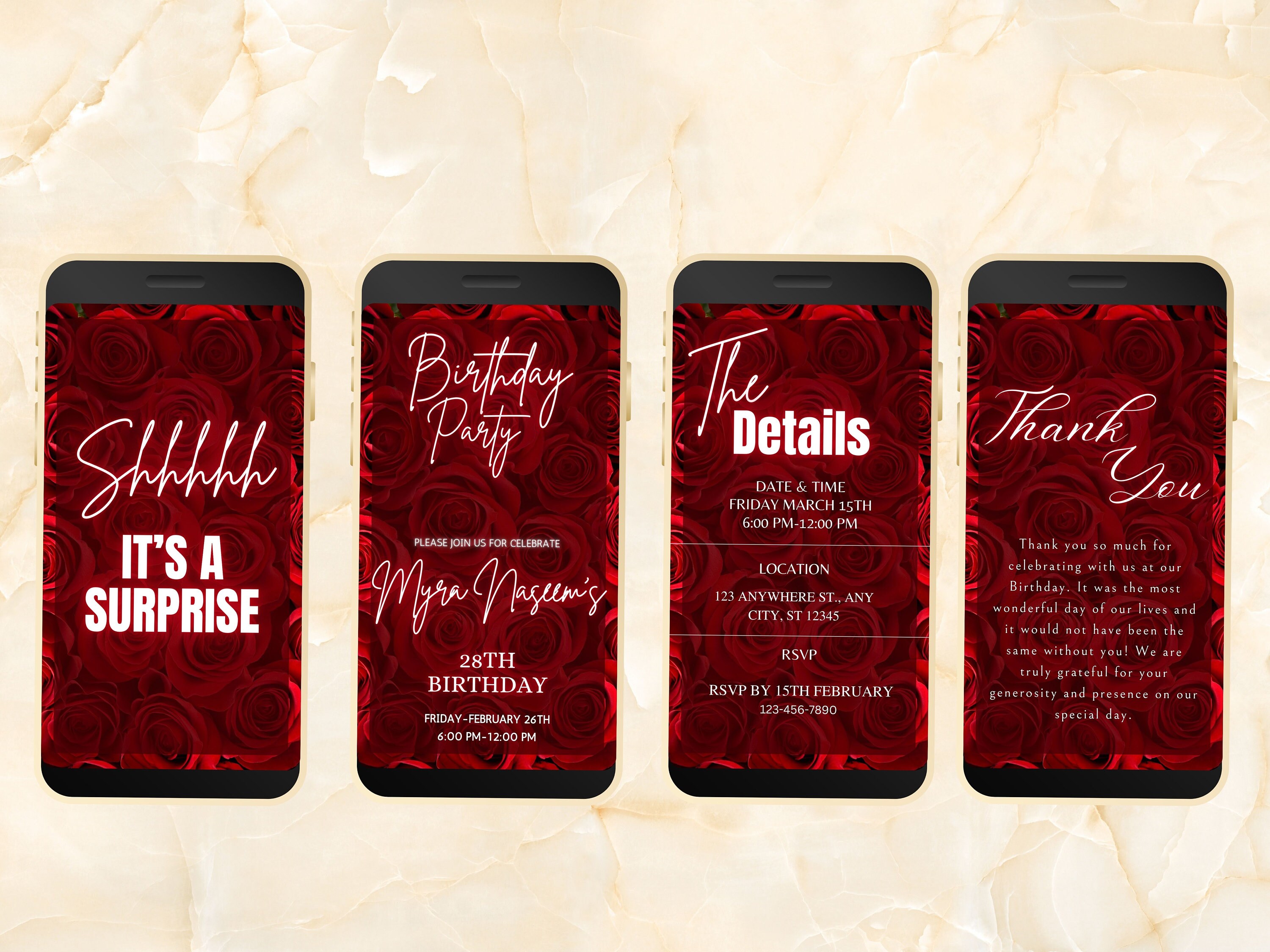 Red Birthday Party Invitation Template, Digital Red Rose Birthday ...