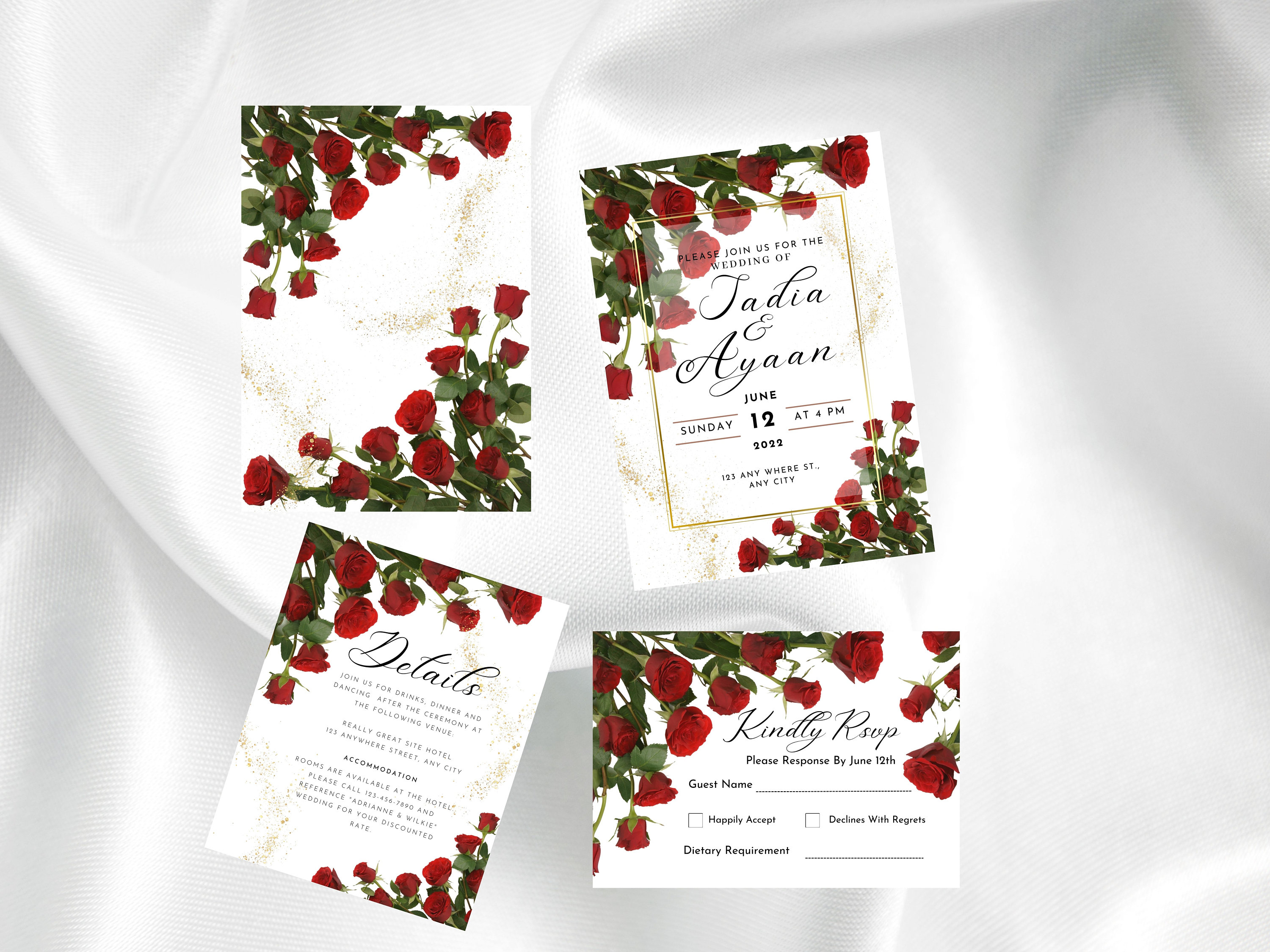 Red Rose Wedding Invitation , Dark Red Floral Gold Frame Border Invite ...