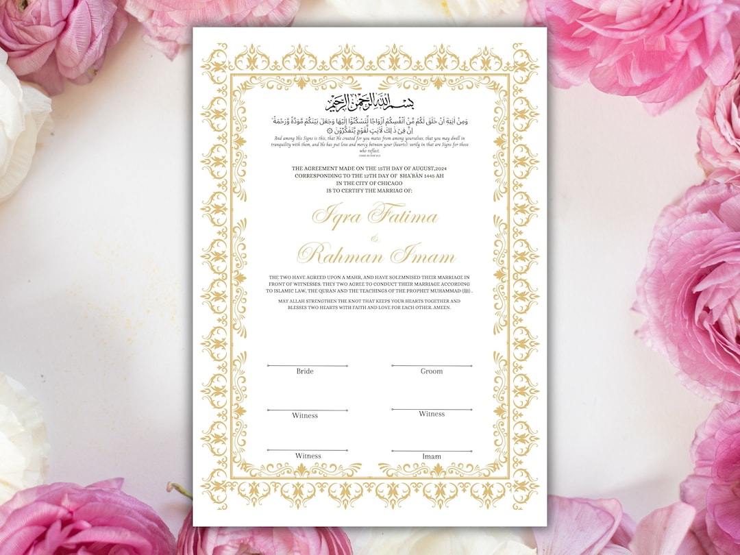 Nikkah Certificate, A4/A3 Islamic Wedding Contract Template, Nikkah ...