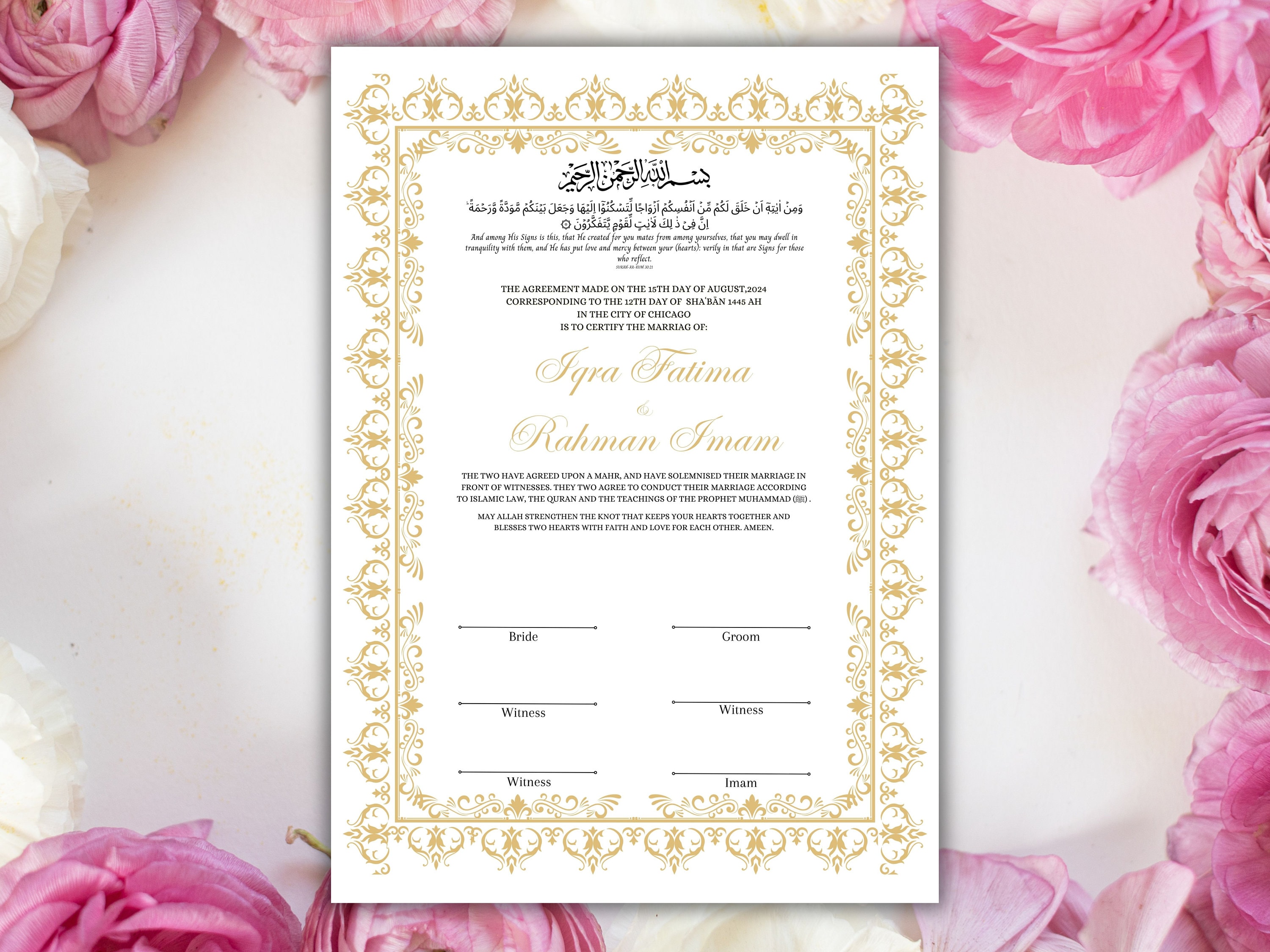 Nikkah Certificate, A4/A3 Islamic Wedding Contract Template, Nikkah ...