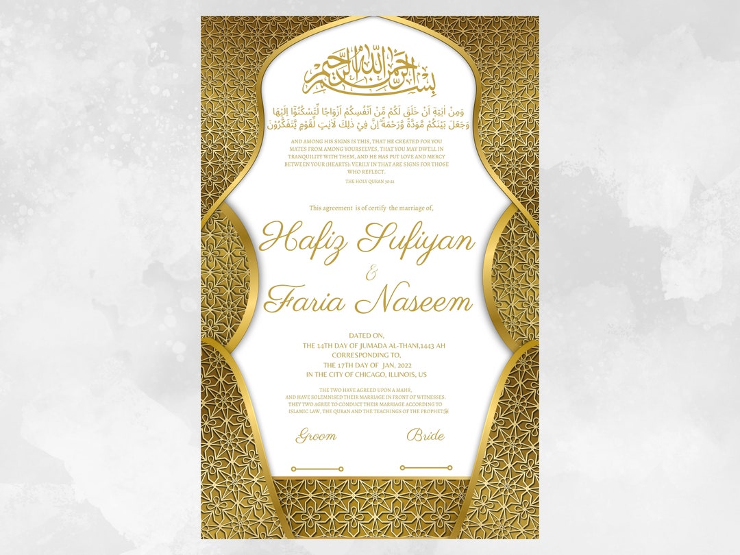Nikkah Certificate, Authentic Islamic Wedding Sign Agreement, Muslim ...
