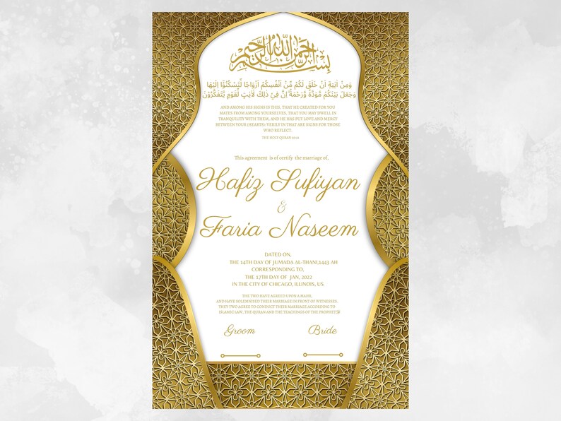 Nikkah Certificate, Authentic Islamic Wedding Sign Agreement, Muslim ...
