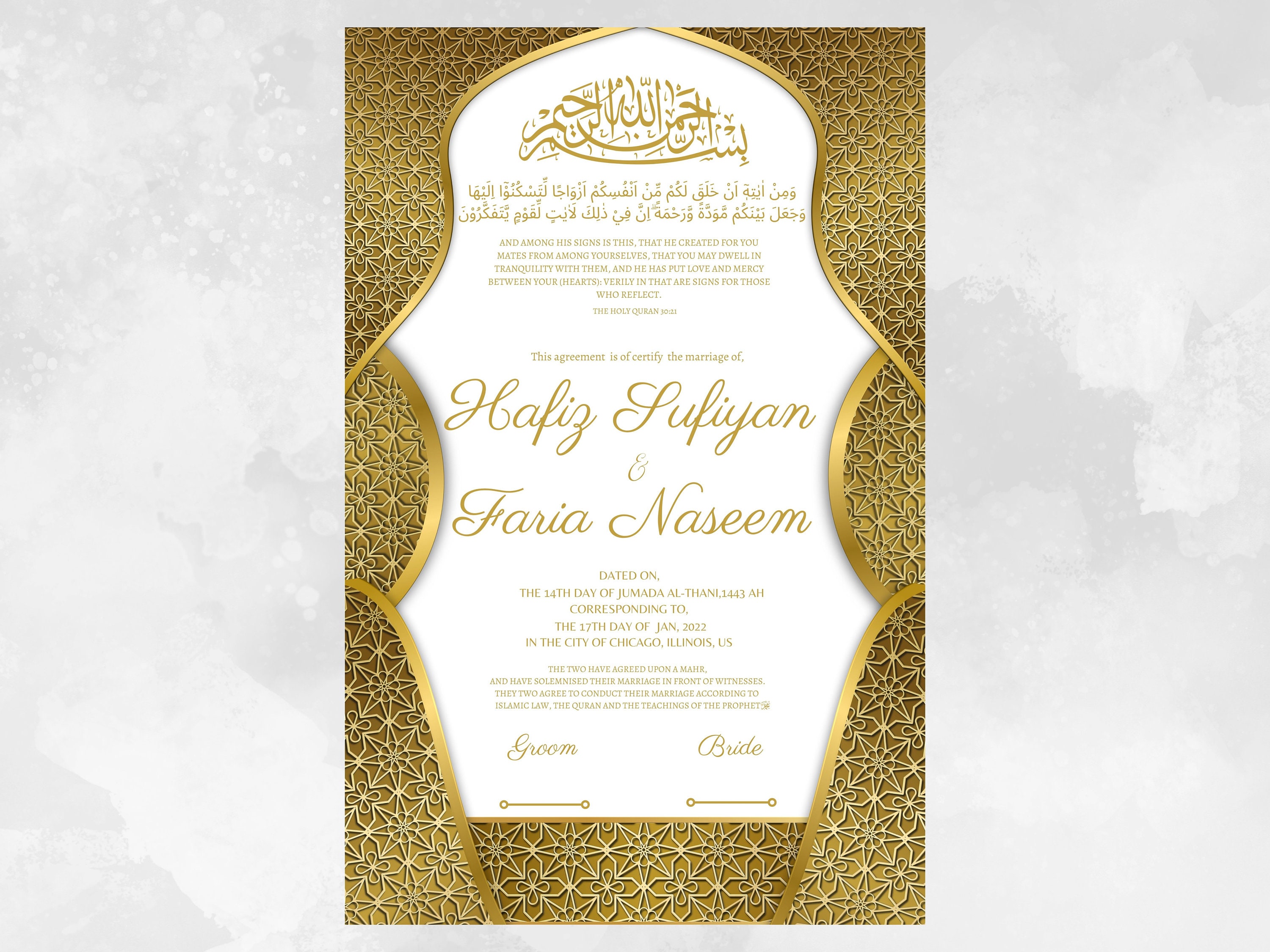 Nikkah Certificate, Authentic Islamic Wedding Sign Agreement, Muslim ...