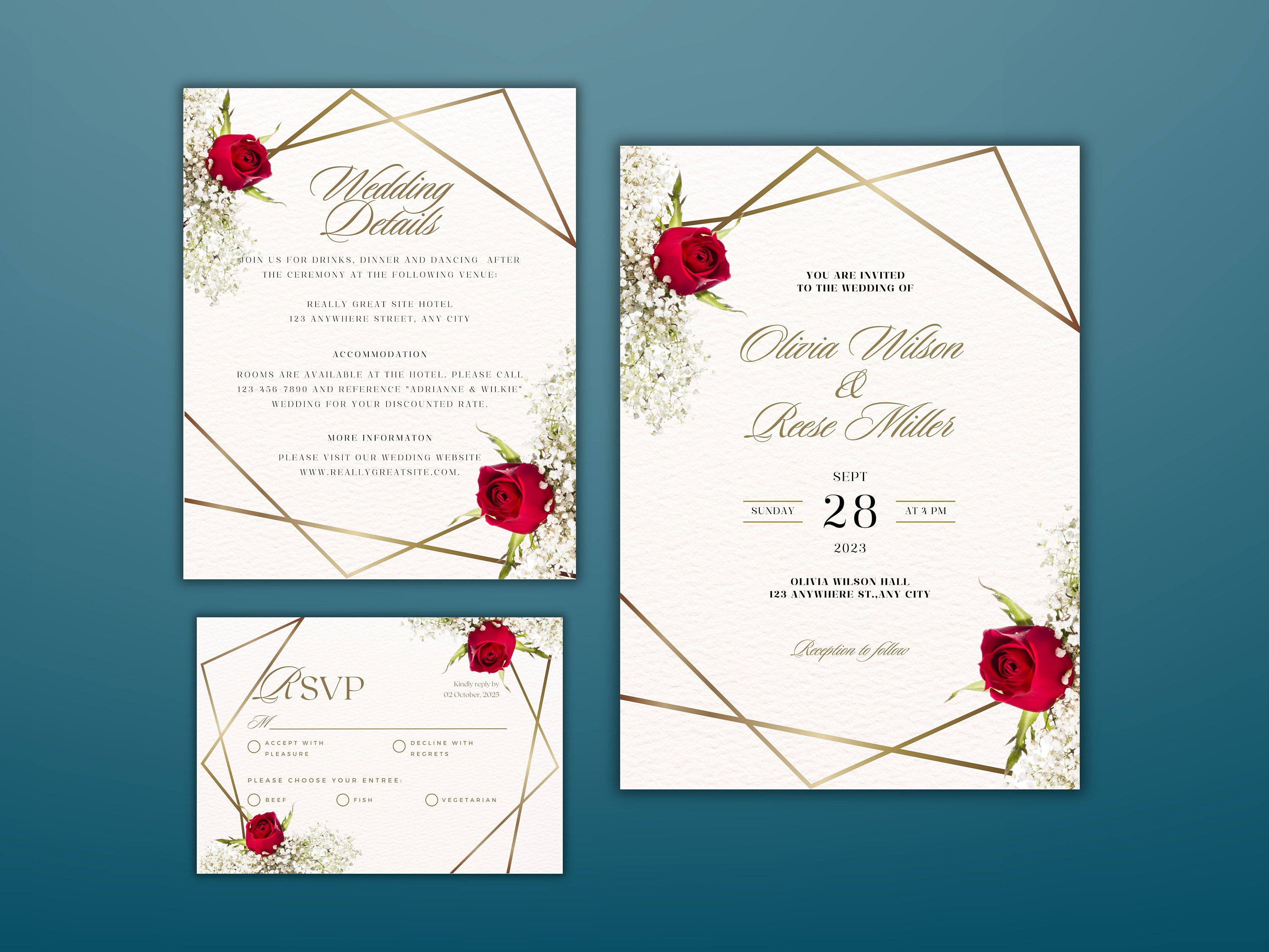 Red Rose Wedding Invitation Template , Red Rose Invite, Elegant Red ...