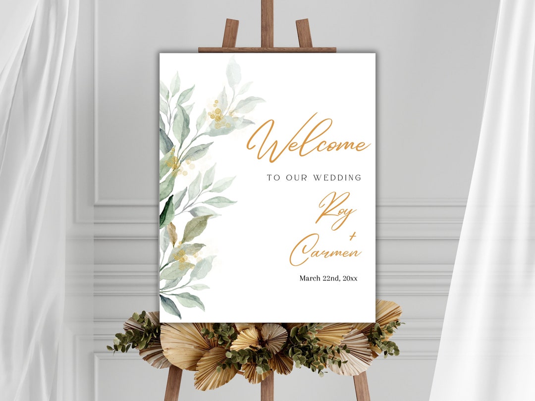 Green Leaves Wedding Welcome Sign Template, Greenery Wedding Welcome ...