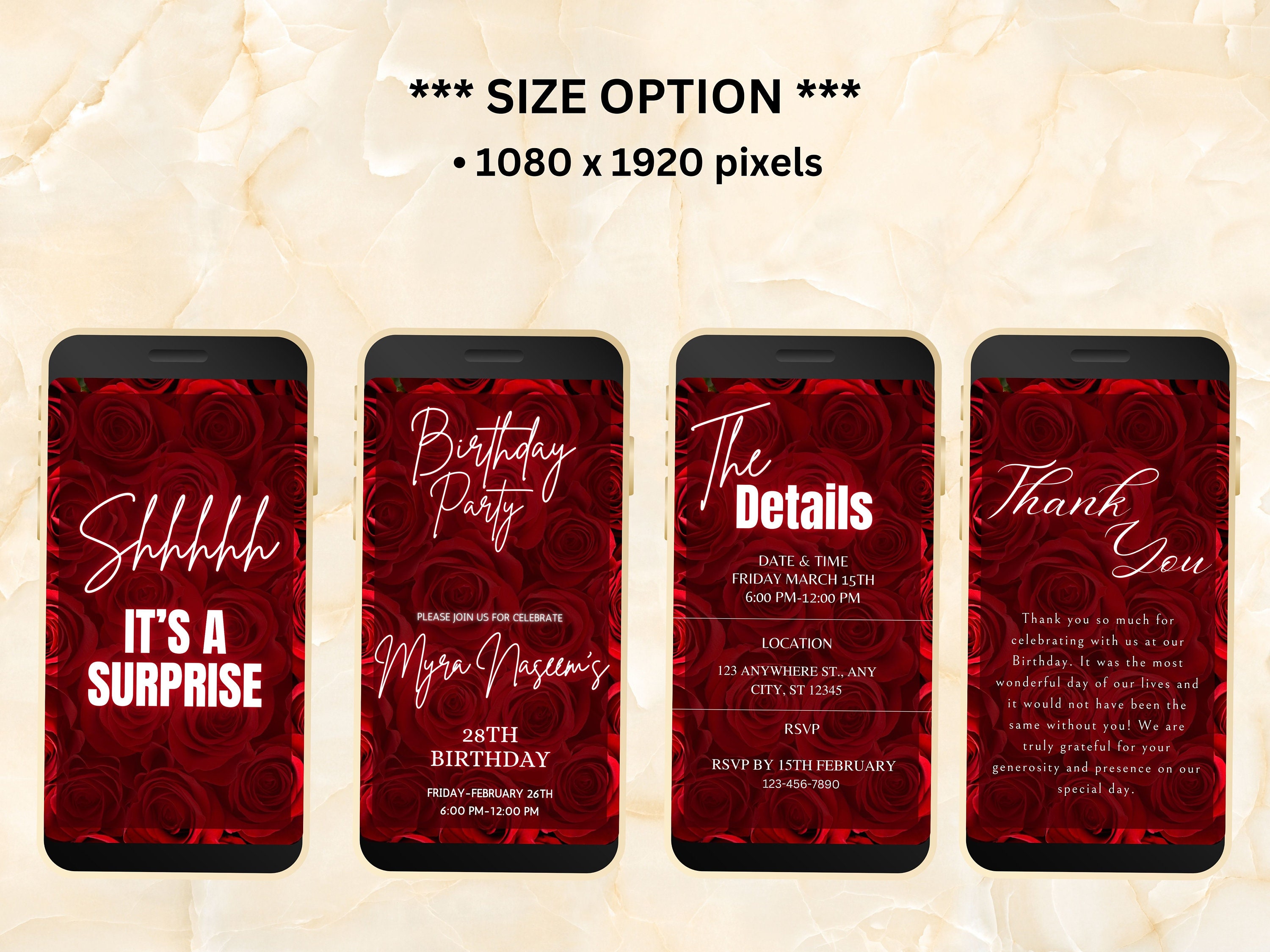 Red Birthday Party Invitation Template, Digital Red Rose Birthday ...