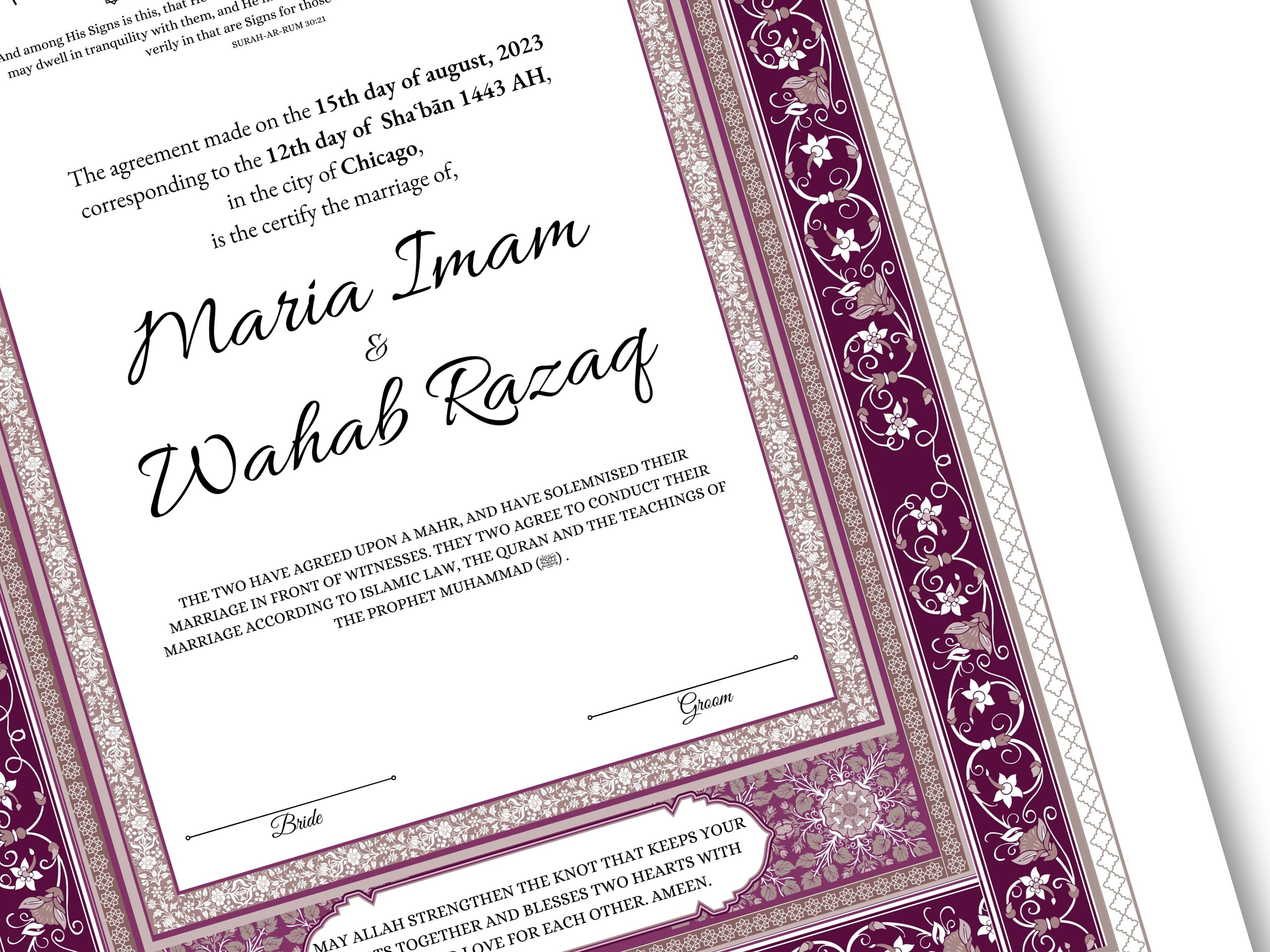 Luxury Nikkah Contract, Digital Printable Personalised Customised ...