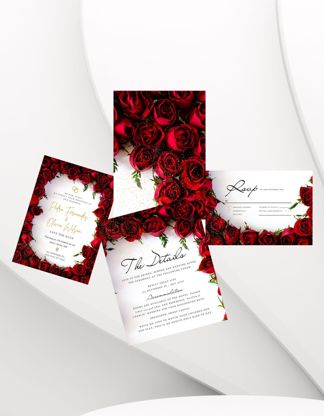 Red Rose Wedding Invitation Set, Red Rose RSVP, Dark Red Floral, Red ...