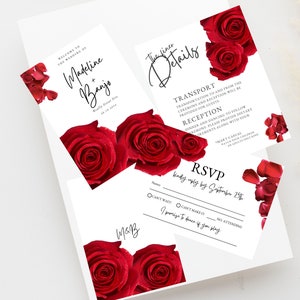 Red Rose Wedding Invitation Set, Red Rose RSVP, Dark Red Floral ...