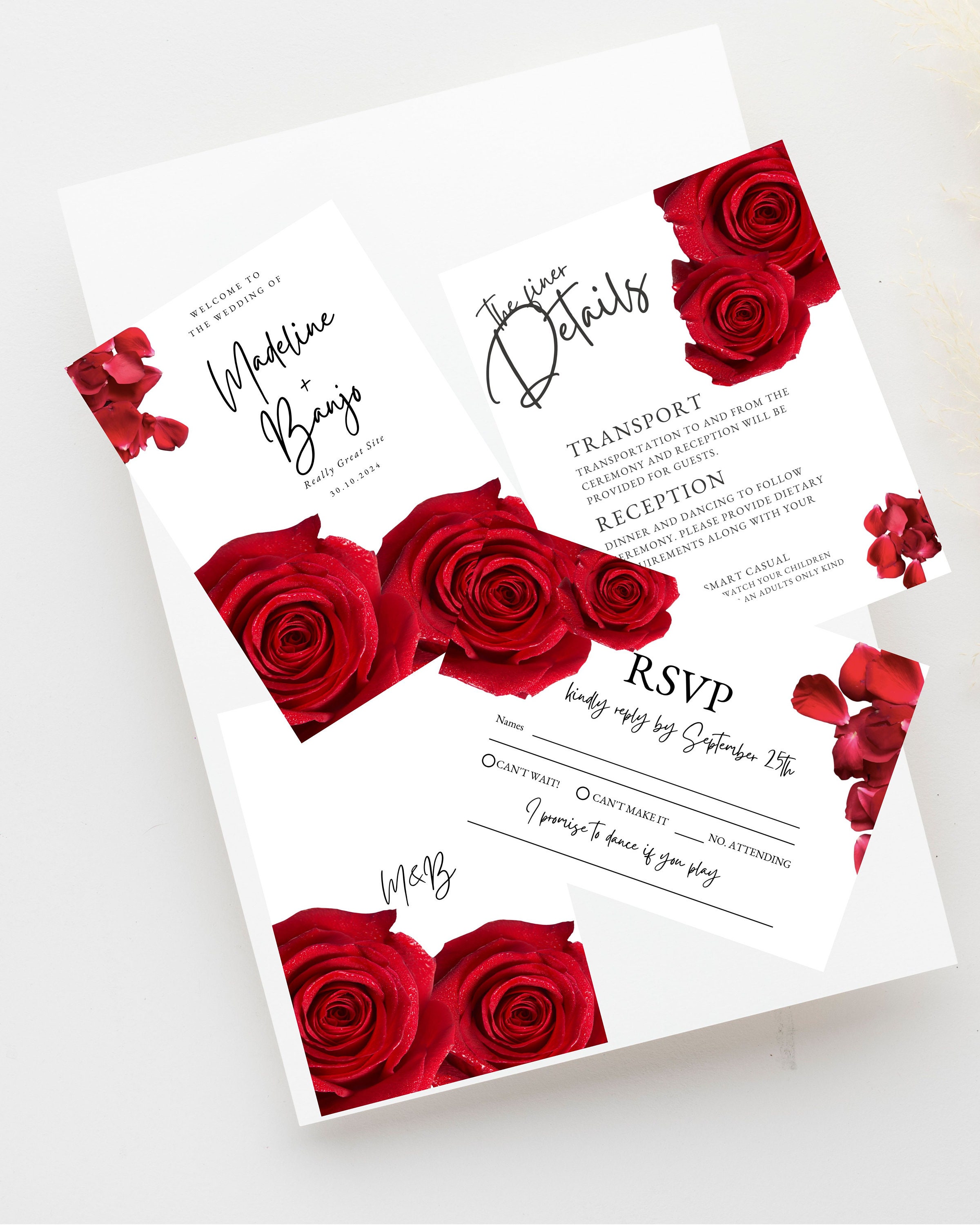 Red Rose Wedding Invitation Set, Red Rose RSVP, Dark Red Floral ...