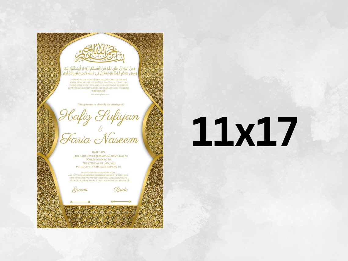 Nikkah Certificate, Authentic Islamic Wedding Sign Agreement, Muslim ...