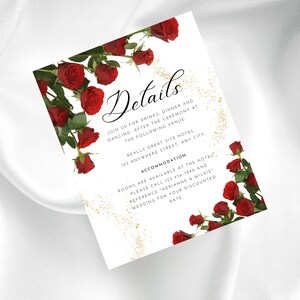Red Rose Wedding Invitation , Dark Red Floral Gold Frame Border Invite ...