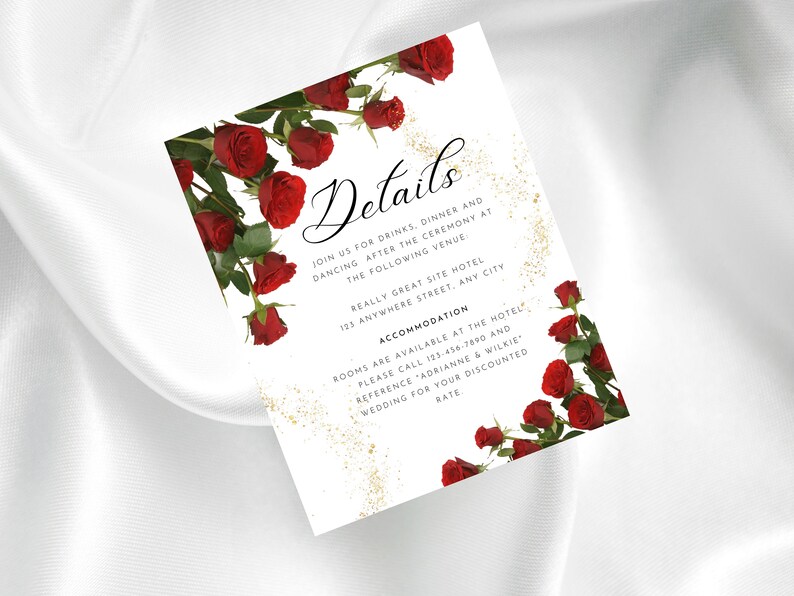 Red Rose Wedding Invitation , Dark Red Floral Gold Frame Border Invite ...