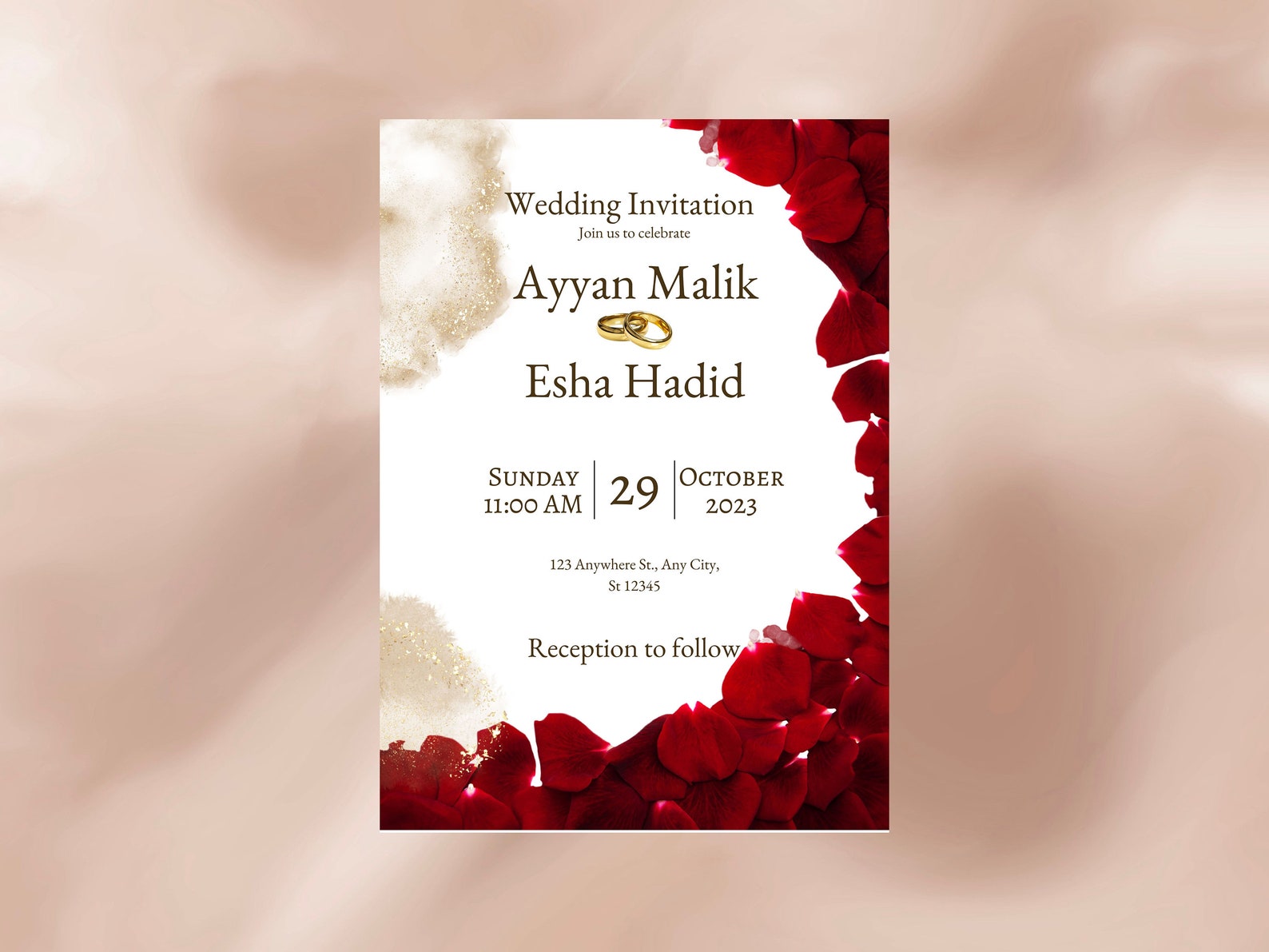 Red Rose Wedding Invitation Template , Dark Red Rose Petals, Elegant ...