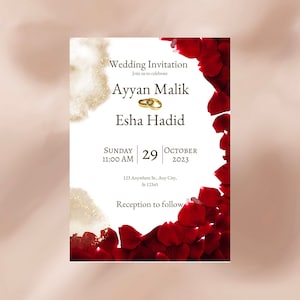 Red Rose Wedding Invitation Template , Dark Red Rose Petals, Elegant ...