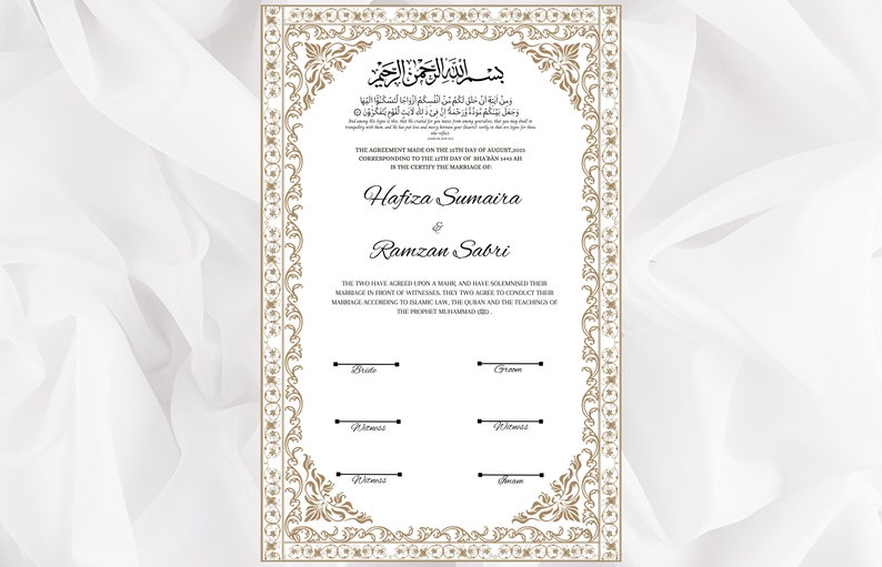 Nikkah Nama Template, Contract Certificate, Muslim Wedding Certificate ...