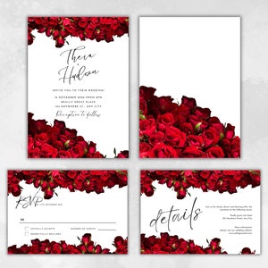 Red Rose Wedding Invitation Set, Red Rose RSVP, Dark Red Floral ...