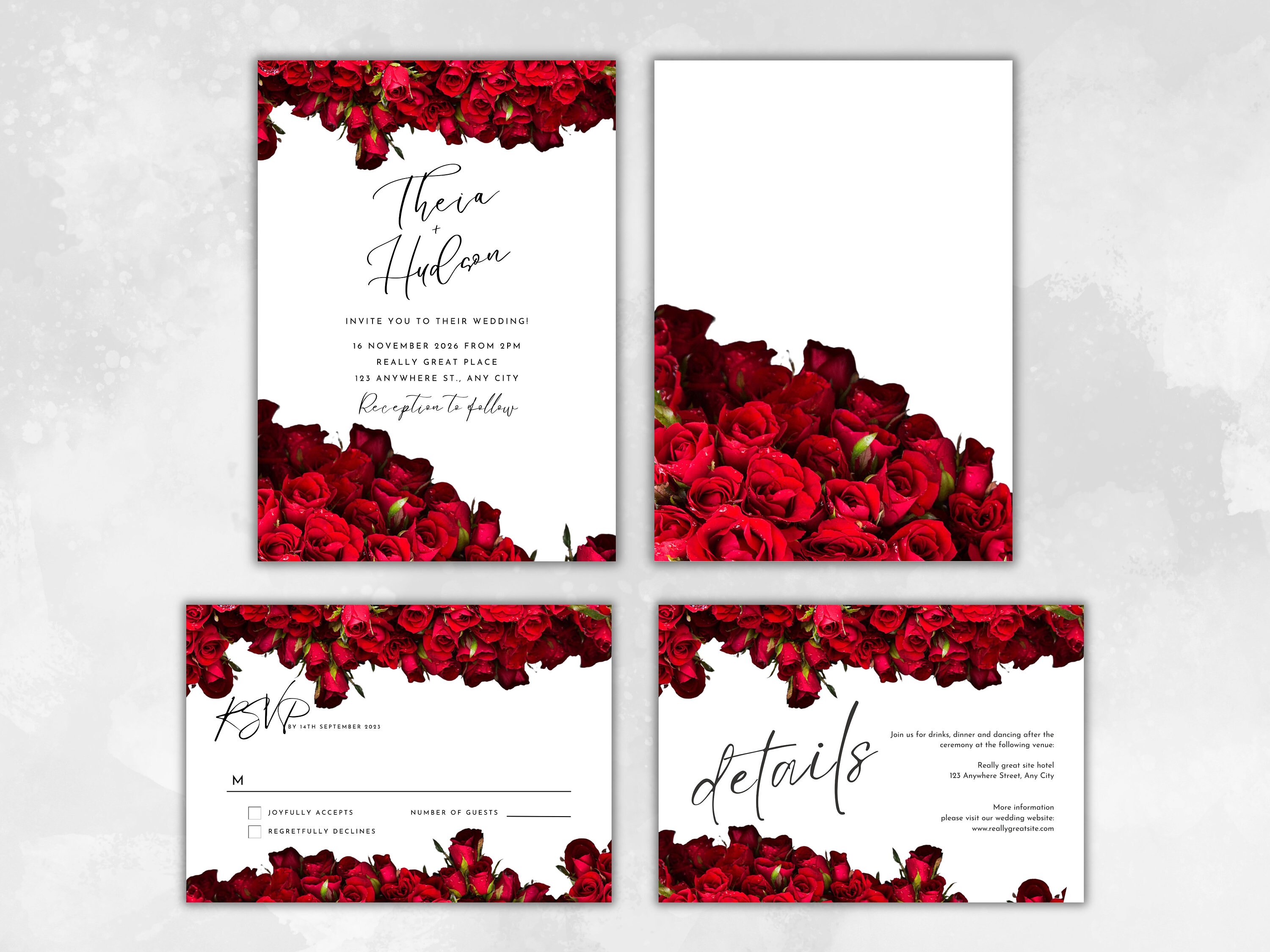 Red Rose Wedding Invitation Set, Red Rose RSVP, Dark Red Floral ...