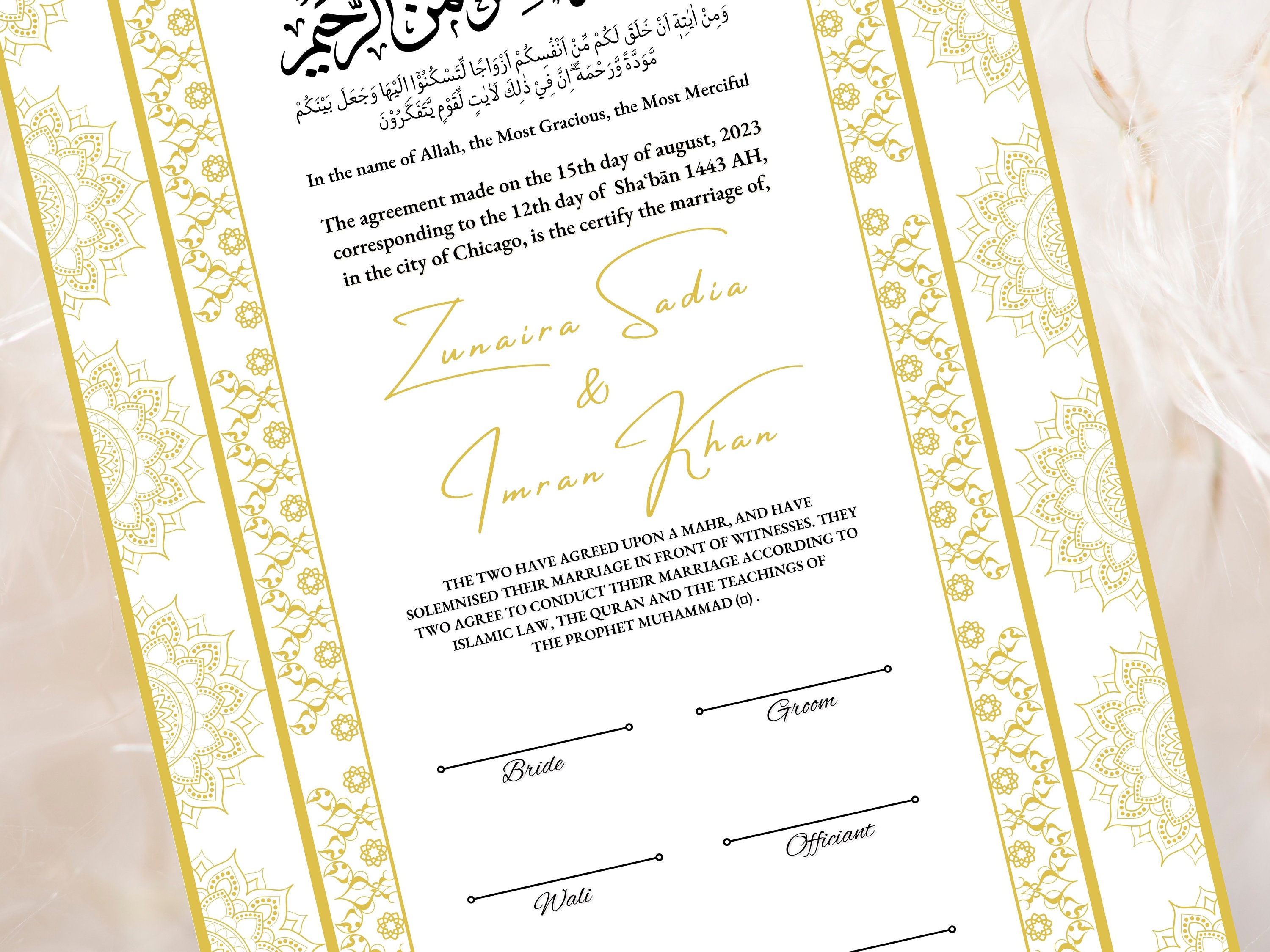 Nikkah Certificate Gold, Luxury Nikkah Contract, Editable Nikah Nama ...