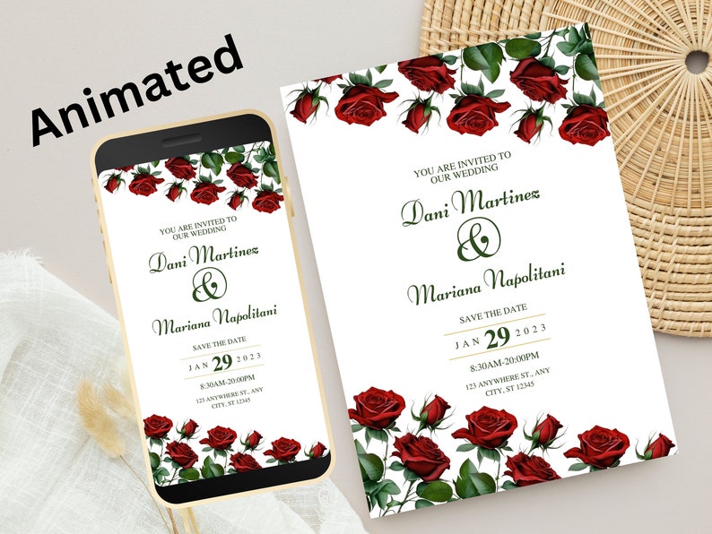 Red Rose Wedding Invitation, Electronic Wedding Invite Template ...