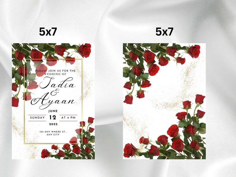 Red Rose Wedding Invitation , Dark Red Floral Gold Frame Border Invite ...