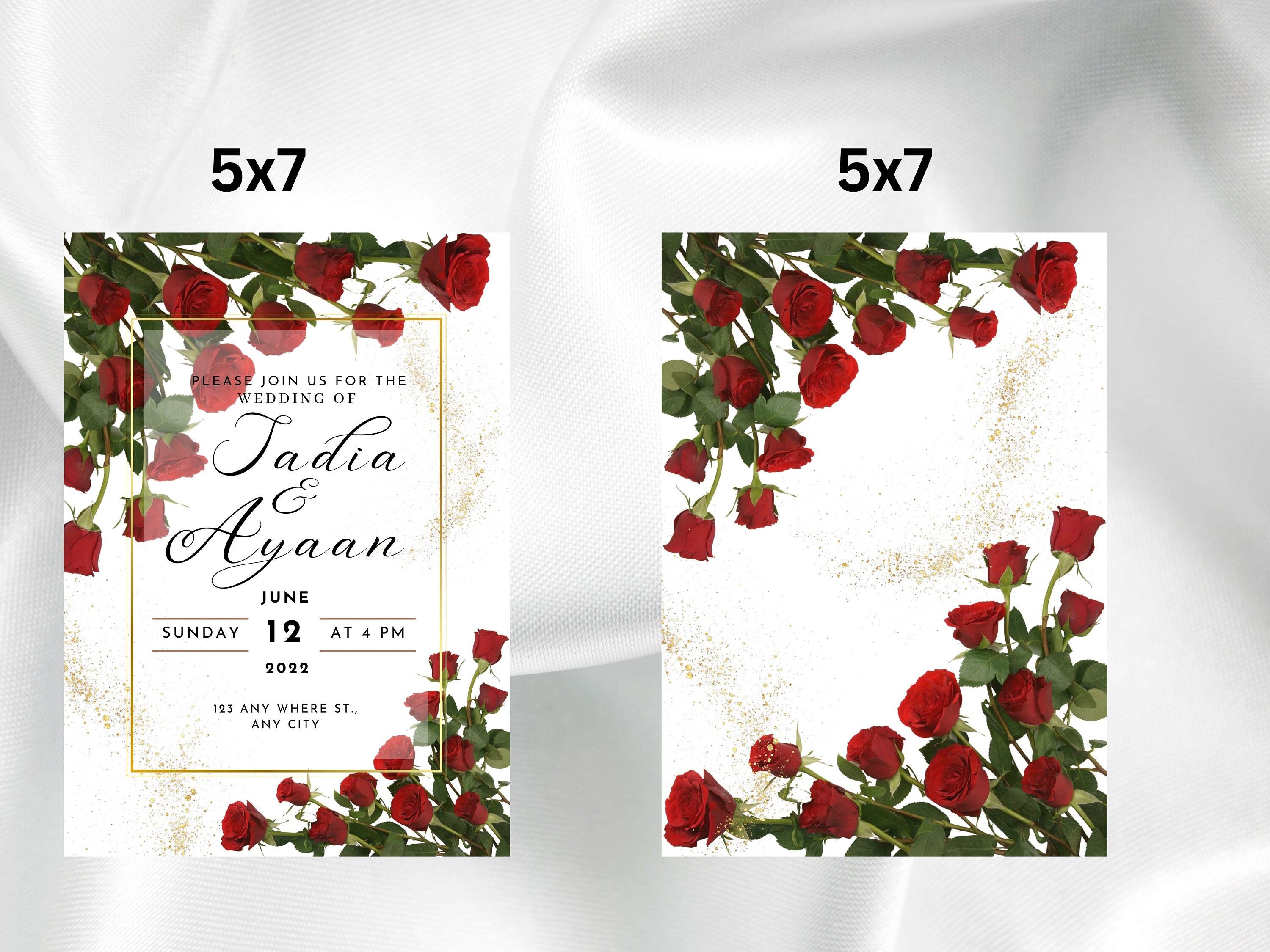 Red Rose Wedding Invitation , Dark Red Floral Gold Frame Border Invite ...