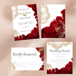 Red Rose Wedding Invitation Template , Dark Red Rose Petals, Elegant ...